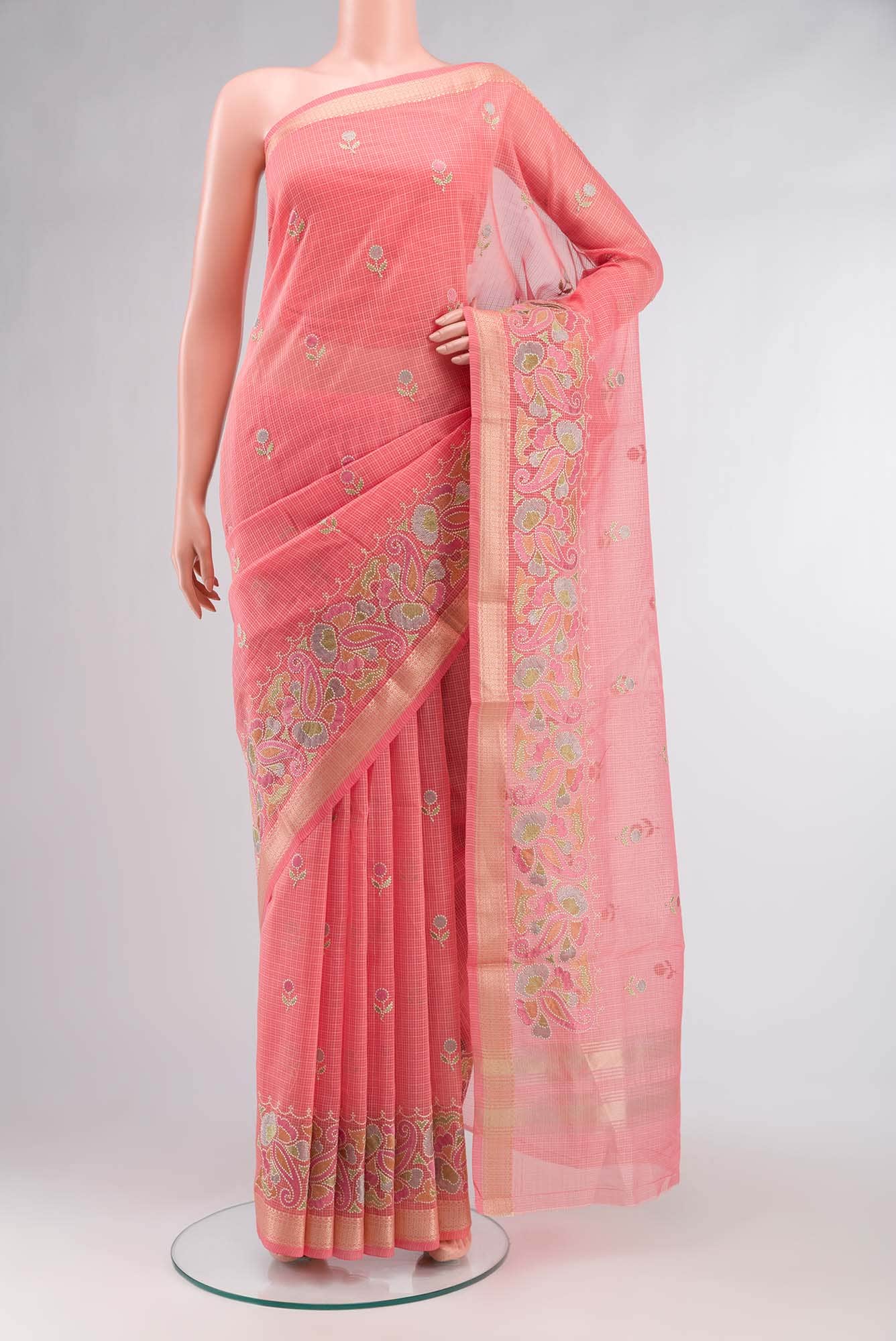 Coral Kota Cotton Embroidered Saree with Zari border – Nalli Silk ...